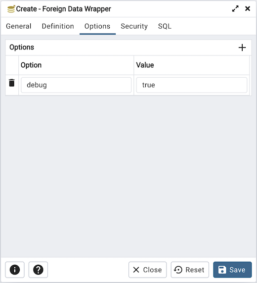 Foreign Data Wrapper Dialog — pgAdmin 4 7.4 documentation
