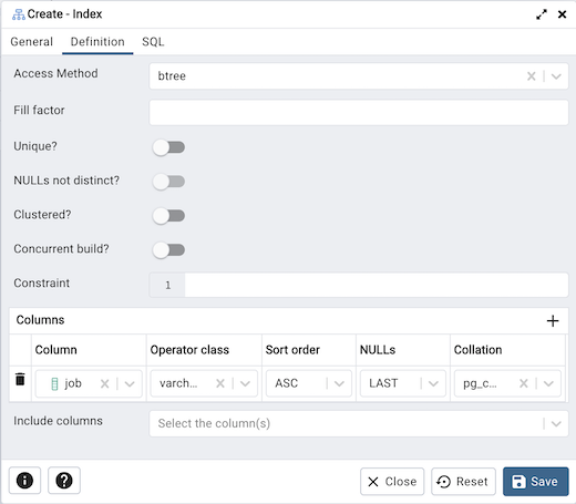 Index Dialog — pgAdmin 4 7.4 documentation