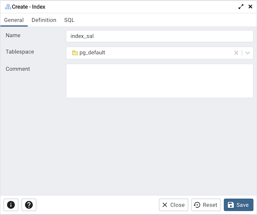 Index Dialog — pgAdmin 4 7.5 documentation