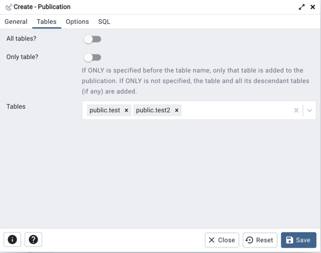 Publication Dialog — pgAdmin 4 8.1 documentation