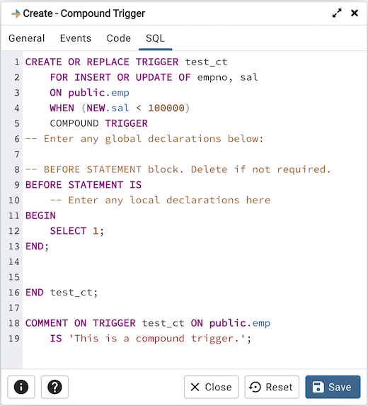 Compound Trigger Dialog — pgAdmin 4 8.10 documentation