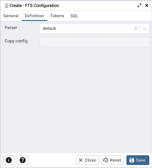 FTS Configuration Dialog — pgAdmin 4 8.10 documentation