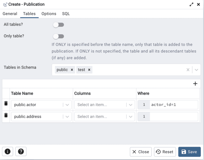 Publication Dialog — pgAdmin 4 8.10 documentation