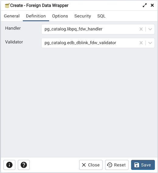 Foreign Data Wrapper Dialog — pgAdmin 4 8.12 documentation