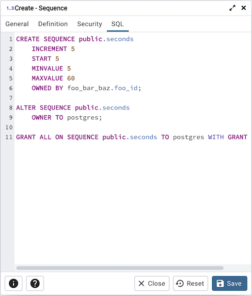 Sequence Dialog — pgAdmin 4 8.2 documentation