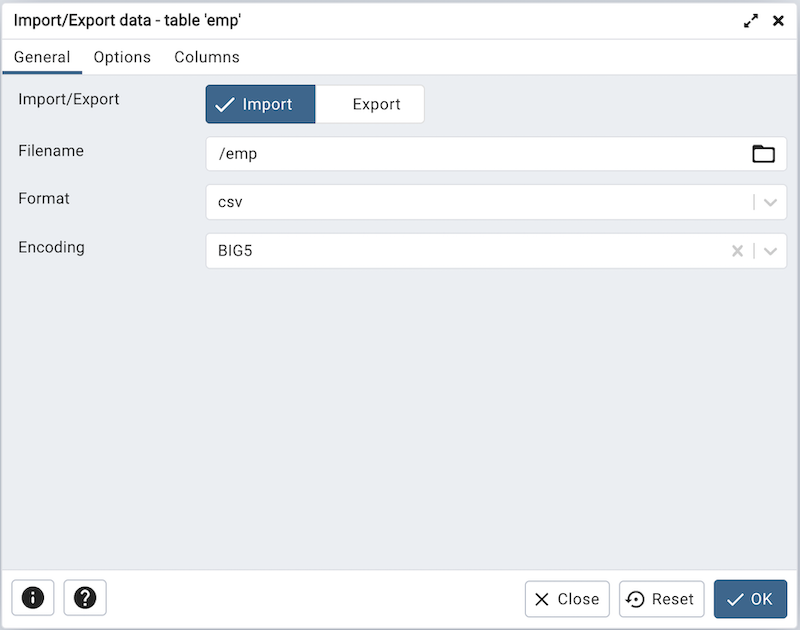 Import/Export Data Dialog — pgAdmin 4 8.4 documentation