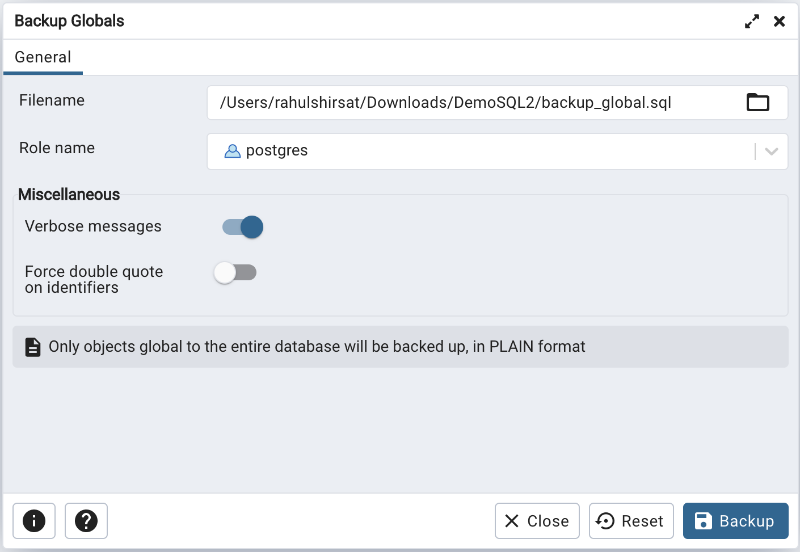 Backup Globals Dialog — pgAdmin 4 8.5 documentation