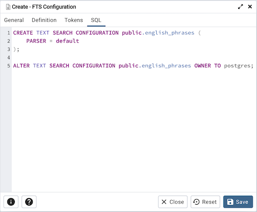 FTS Configuration Dialog — pgAdmin 4 8.6 documentation
