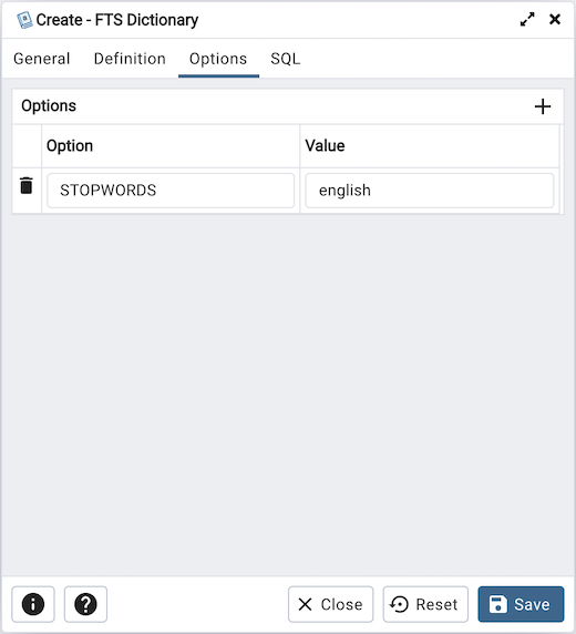 FTS Dictionary Dialog — pgAdmin 4 8.6 documentation
