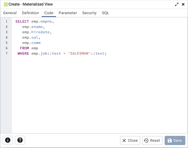 Materialized View Dialog — pgAdmin 4 8.6 documentation