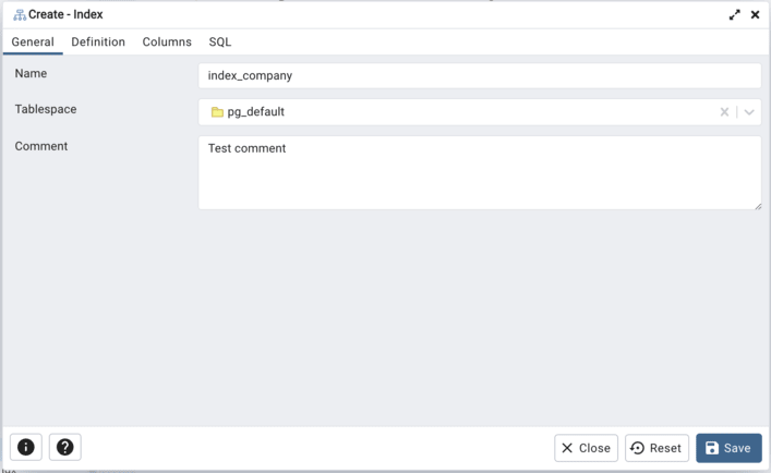 Index Dialog — pgAdmin 4 8.8 documentation