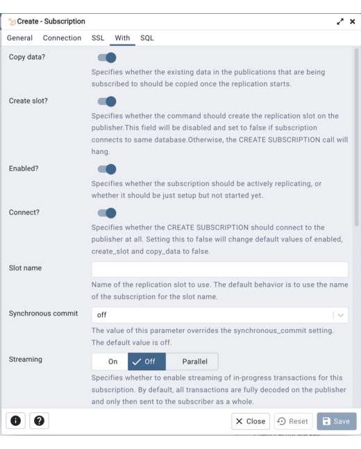 Subscription Dialog — pgAdmin 4 8.8 documentation