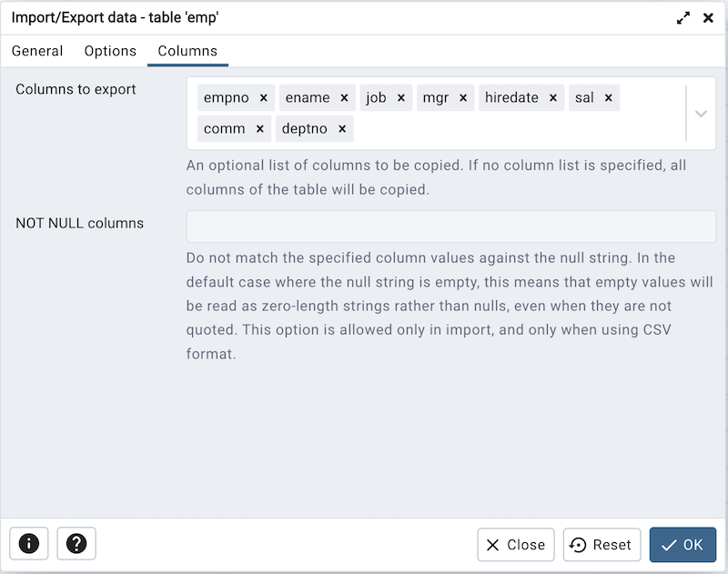 Import/Export Data Dialog — pgAdmin 4 8.9 documentation